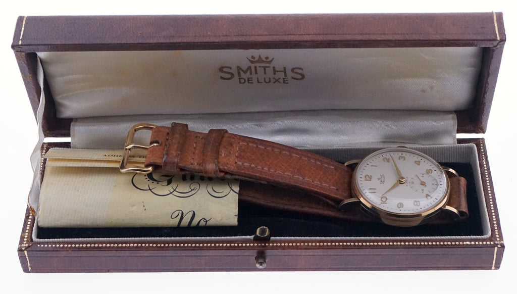 DELUXE SMITHS MADE IN ENGLAND SOLID 9CT GOLD GENTS WRISTWATCH WITH BOX ...